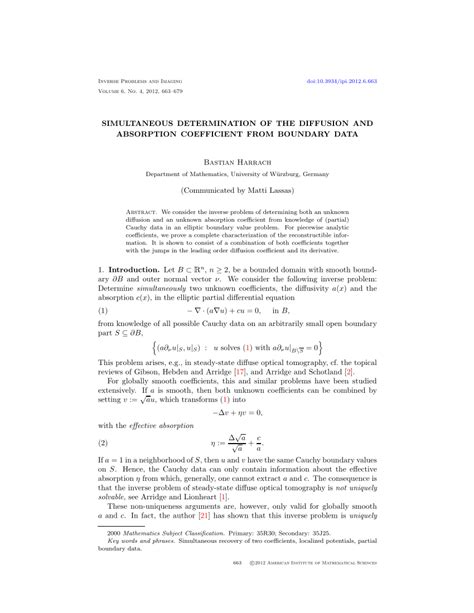 Pdf Simultaneous Determination Of The Diffusion And Absorption