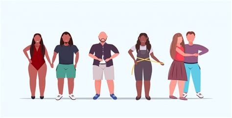 중량이 초과 된 사람들 그룹 서 함께 크기 믹스 남자 여자 건강에 해로운 라이프 스타일 비만 개념 전체 길이 평면 가로 위에 서 함께 설정 프리미엄 벡터