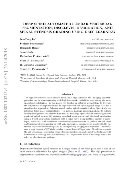 Pdf Deepspine Automated Lumbar Vertebral Segmentation Disc Level Designation And Spinal
