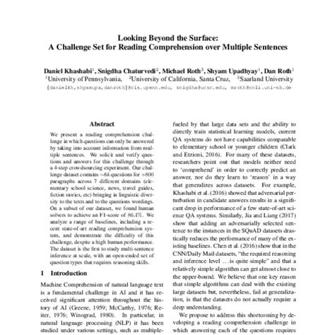 Looking Beyond The Surface A Challenge Set For Reading Comprehension Over Multiple Sentences