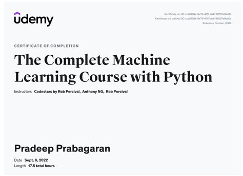 completed a course on machine learning with python in udemy pradeep p