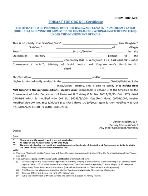 Fillable Online FORM OBCNCL OBCNCL Certificate FormatNon Creamy Layer Certificate Online For