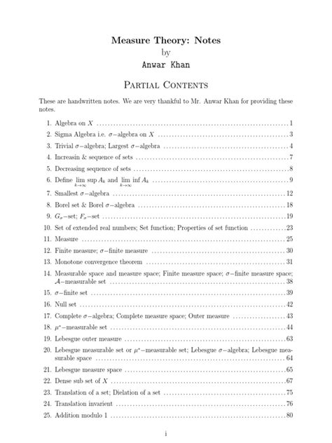 Measure Theory Notes Anwar Khan Pdf Lebesgue Integration