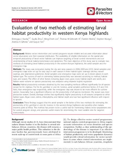 Pdf Evaluation Of Two Methods Of Estimating Larval Habitat Productivity In Western Kenya