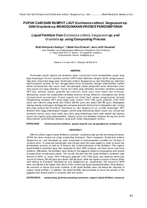 Pdf Pupuk Cair Dari Rumput Laut Eucheuma Cottonii Sargassum Sp Dan Gracilaria Sp