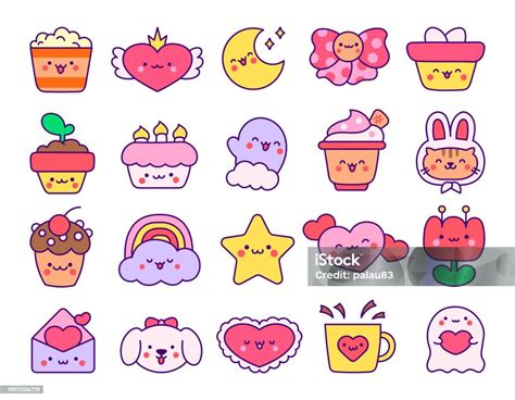 만화 귀여운 행복한 카와이 캐릭터 생활방식 손으로 그린 스타일입니다 벡터 그리기 디자인 요소 모음 달 하늘에 대한 스톡 벡터 아트 및 기타 이미지 Istock