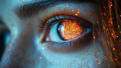 close up of a human eye reflecting glowing digital binary code