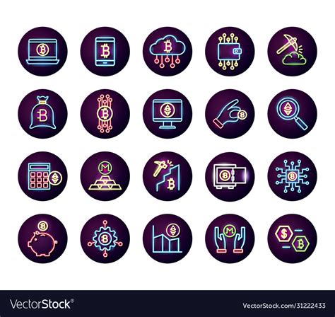 Bundle Crypto Currency Icons Neon Style Royalty Free Vector