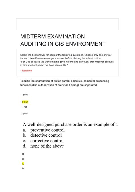 CIS Midterm For Practice MIDTERM EXAMINATION AUDITING IN CIS ENVIRONMENT Select The Best