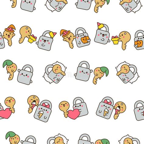 Cute Kawaii Padlock And Key Seamless Pattern Stock Illustration
