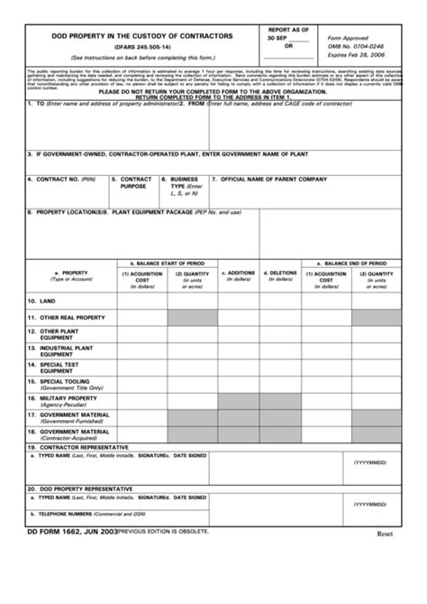 Fillable Dd Form 1662 Dod Property In The Custody Of Contractors 2003 Printable Pdf Download