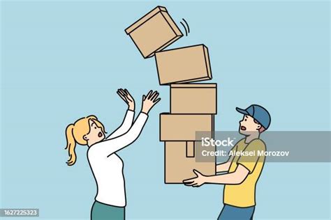 남자 택배는 상자 더미를 나르고 주문을 받는 여성 근처에 서 있는 소포 중 하나를 떨어뜨립니다 개념에 대한 스톡 벡터 아트 및 기타 이미지 Istock