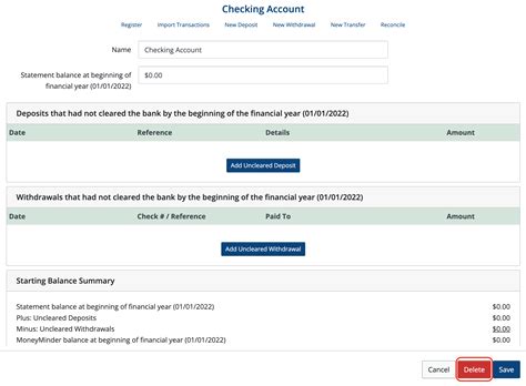 Viewing Editing Deleting A Bank Register MoneyMinder