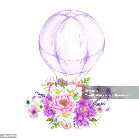 손으로 그린 수채화 보라색 열기 풍선 꽃다발 와 꽃 와 고립된 통하고 있는 통하고 있는 White 배경 엽서 포스터 및 기타 인쇄 제품에 사용할 수 있습니다 0명에 대한