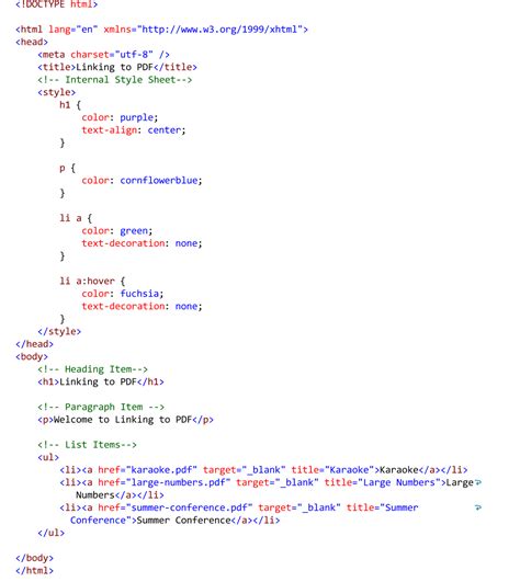 HTML Code For Linking To PDF With Internal Style Sheet For Heading H Paragraph And List Items