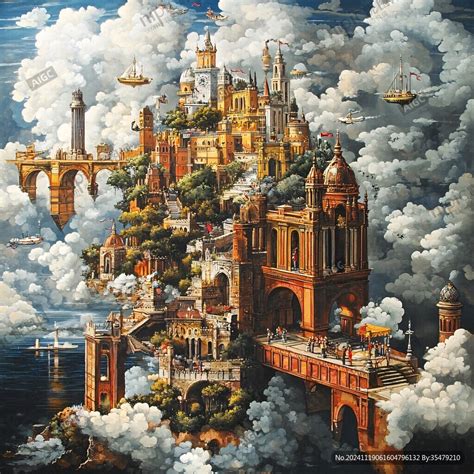 Ai创作图云间城堡 城堡在云端 仙境的城市 梦幻立体画 北欧美式天宫风景画 仙境装饰画 超现实主义的城堡 城堡装饰画 云端城堡 奇幻立体画 童话世界楼房 3d云海悬浮小岛 幻想梦境插画 建筑在