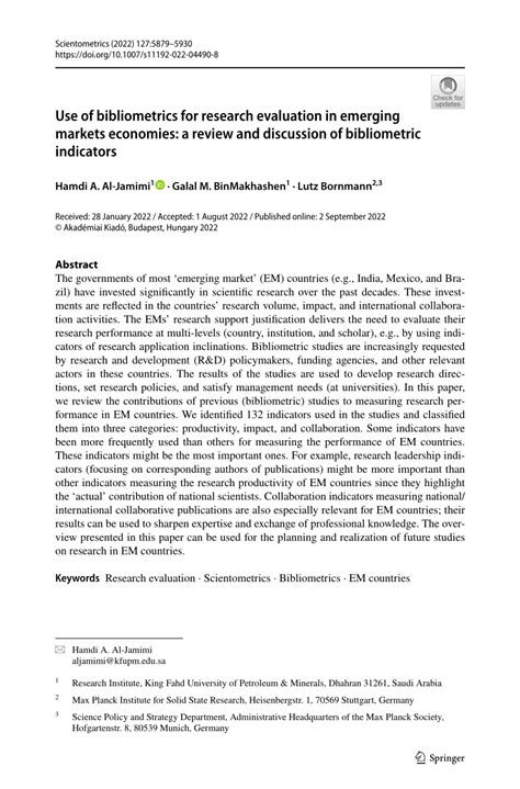 Pdf Use Of Bibliometrics For Research Evaluation In Emerging Markets Economies A Review And