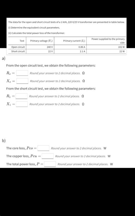solved the data for the open and short circuit tests of a 1