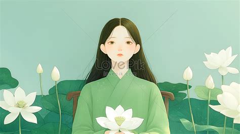 녹색 옷을 입은 소녀는 흰 연꽃을 들고 조용히 의자에 앉아 있다 일러스트 무료 다운로드 Lovepik