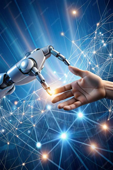 AI Machine learning Hands of robot and human touching on big data network connection background ...