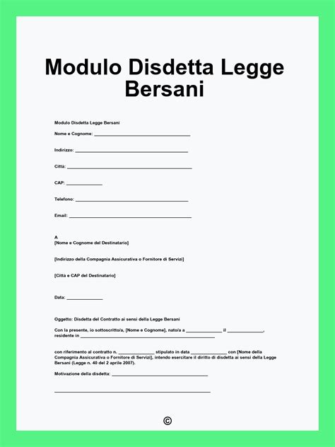 Modulo Disdetta Legge Bersani