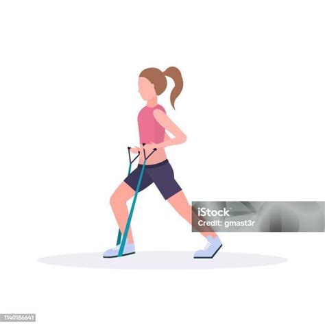 체육관 스트레칭 운동 건강 한 라이프 스타일 개념 평면 흰색 배경에서 저항 밴드 소녀 훈련을 하는 스포티 한 여자 운동 운동에