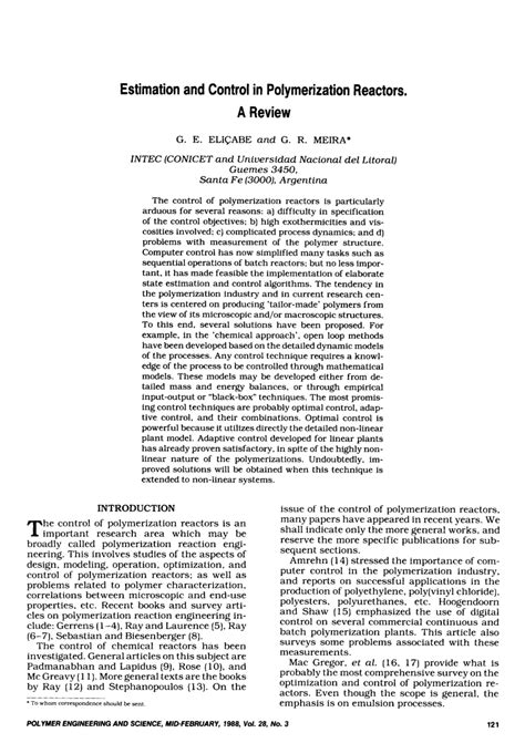 Pdf Estimation And Control In Polymerization Reactors A Review