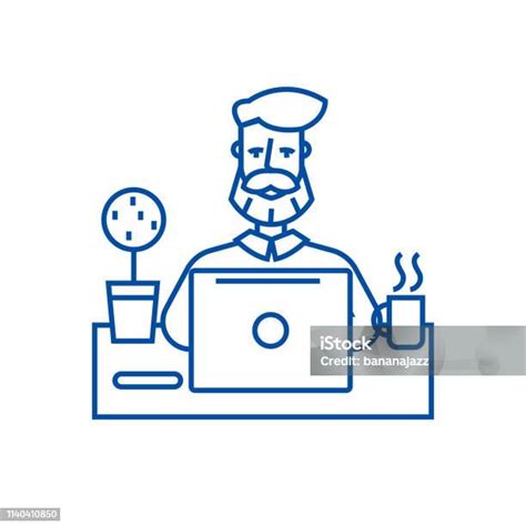 노트북 라인 아이콘 개념 테이블에 작업 하는 수염 남자 노트북 평면 벡터 기호 기호 개요 그림으로 테이블에 작업 하는 수염 남자 1에 대한 스톡 벡터 아트 및 기타 이미지