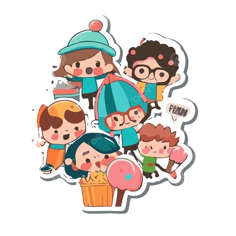 만화 일러스트 아이들과 그들이 좋아하는 사탕의 스티커 벡터 고립 된 만화 그룹 활동으로 스티커 디자인 상표 만화 일러스트 Png 일러스트 및 벡터 에 대한 무료