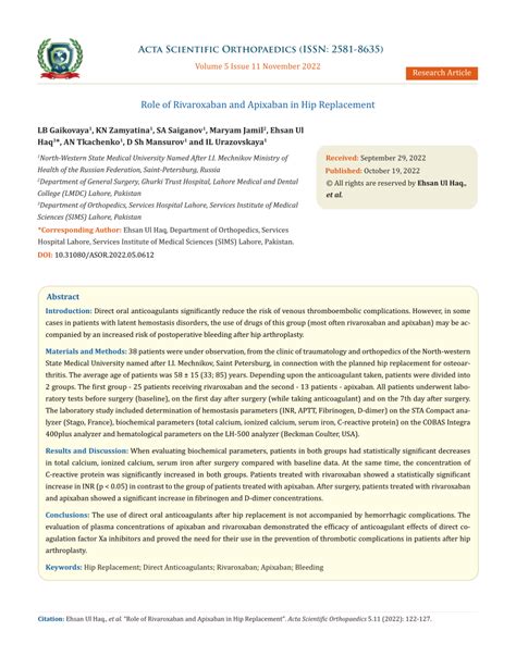 Pdf Role Of Rivaroxaban And Apixaban In Hip Replacement