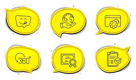 맛있는 미소 설문 조사 체크리스트 및 전체 회전 아이콘 세트 서 기어 사인 이모티콘 보고서 360도 벡터 가득 찬에 대한 스톡