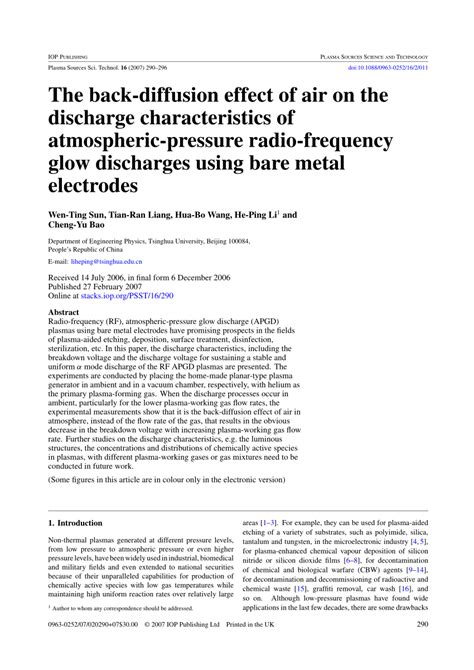 PDF The Back Diffusion Effect Of Air On The Discharge Characteristics Of Atmospheric Pressure