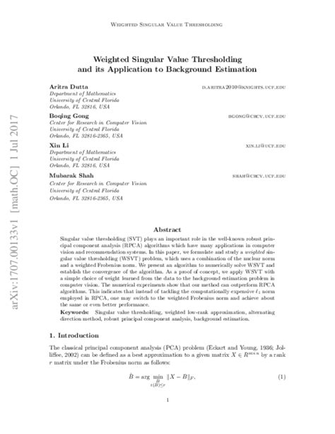 Pdf Weighted Singular Value Thresholding And Its Application To Background Estimation