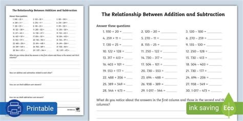 The Relationship Between Addition And Subtraction Activity Sheet