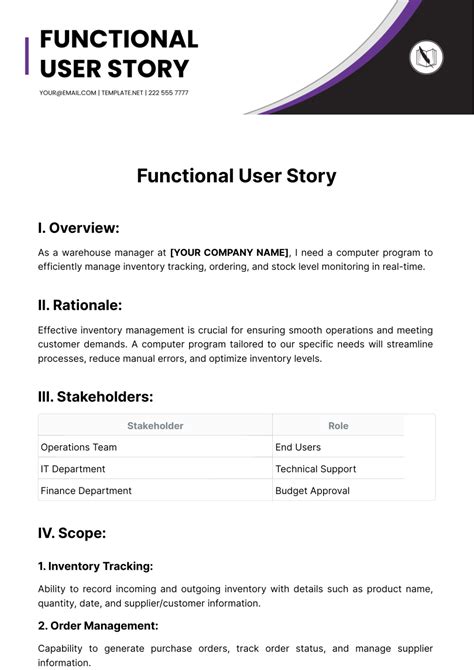 Free Functional User Story Template To Edit Online