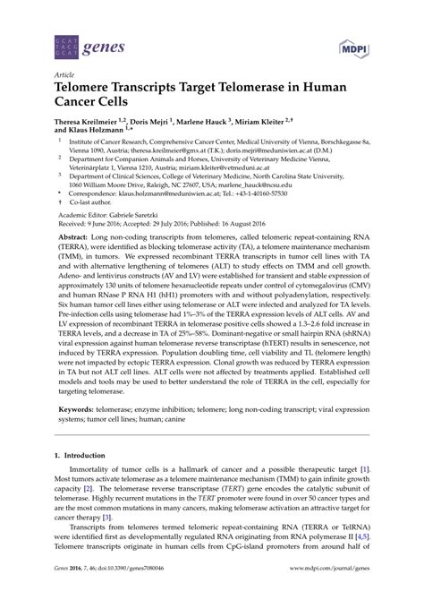 Pdf Telomere Transcripts Target Telomerase In Human Cancer Cells