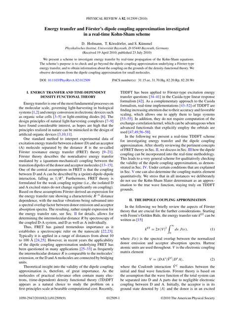 Pdf Energy Transfer And Försters Dipole Coupling Approximation Investigated In A Real Time