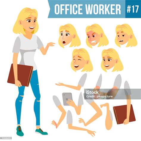 사무실 작업자 벡터입니다 여자입니다 성공적인 장교 사무원 하 인입니다 비즈니스 여자 노동자입니다 감정 다양 한 제스처를 얼굴