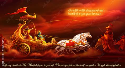 Poster Scene Of Mahabharata With Bhagavad Gita Quote Krishna Arjuna