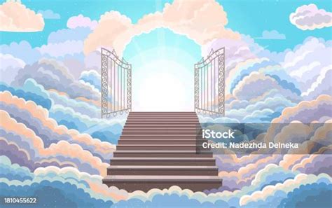 낙원 입구 열린 문 연철 문으로 이어지는 계단푹신한 구름이 있는 배경 계단을 올라갑니다 벡터 만화 그림입니다 배경 주제에 대한 스톡 벡터 아트 및 기타 이미지 Istock