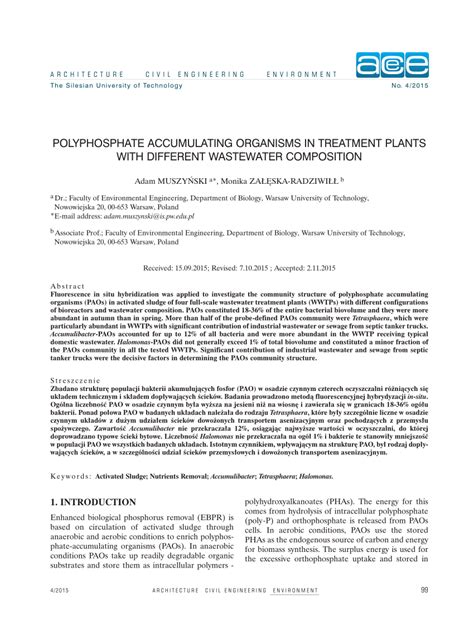 Pdf Polyphosphate Accumulating Organisms In Treatment Plants With