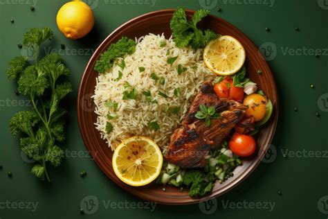 Ai Generated Plate Of Food Top View Fried Meat With Rice Vegetables