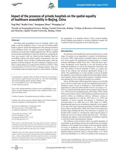 Pdf Impact Of The Presence Of Private Hospitals On The Spatial Equality Of Healthcare