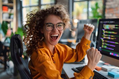 Photo Of Lovely Excited Glad Woman Software Developer Sitting Armchair
