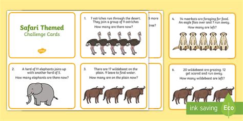 Safari Addition Subtraction Word Problems Challenge Cards