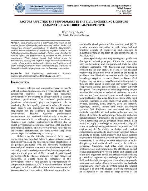 Pdf Factor Affecting The Performance In The Civil Engineering Licensure Examination A