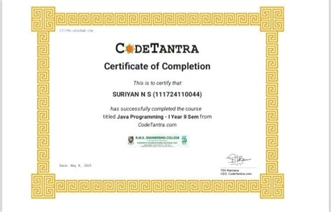 Certified In Java Programming And C Programming Through Codetantra Suriyan Ns