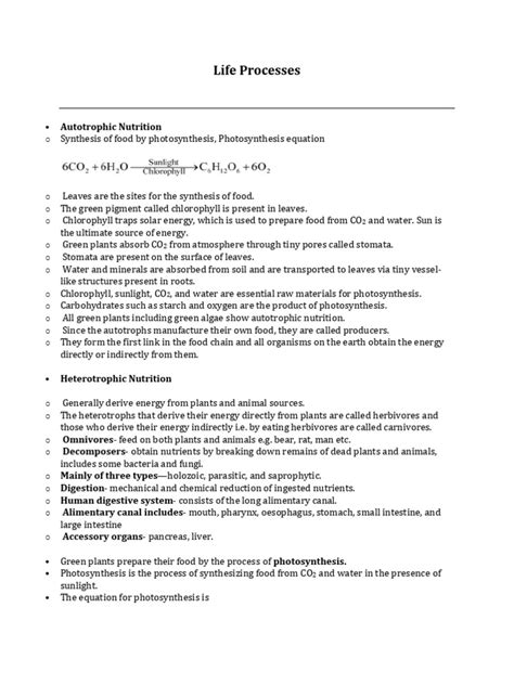 Class 10 Science Revision Notes Chapter 5 Life Processes Pdf Digestion Photosynthesis