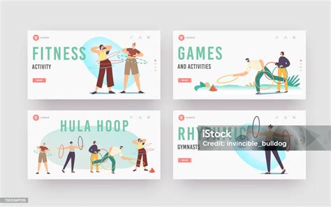 활성 여가 시간 야외 또는 실내 활동 방문 페이지 템플릿 세트 훌라 후프와 함께 운동하는 성인 캐릭터 플라스틱 후프에 대한 스톡 벡터 아트 및 기타 이미지 Istock