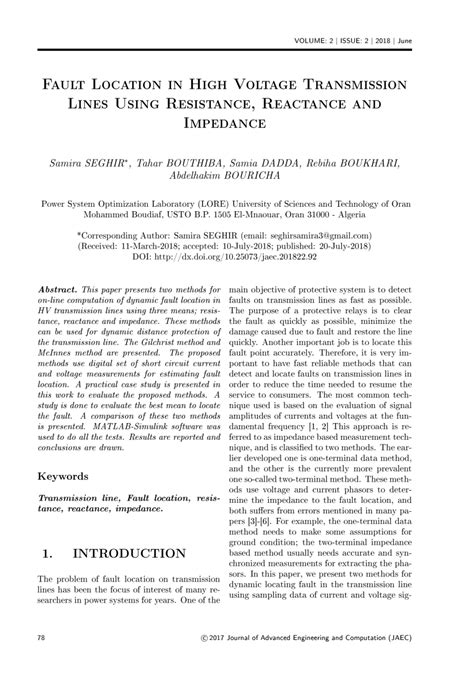 Pdf Fault Location In High Voltage Transmission Lines Using Resistance Reactance And Impedance